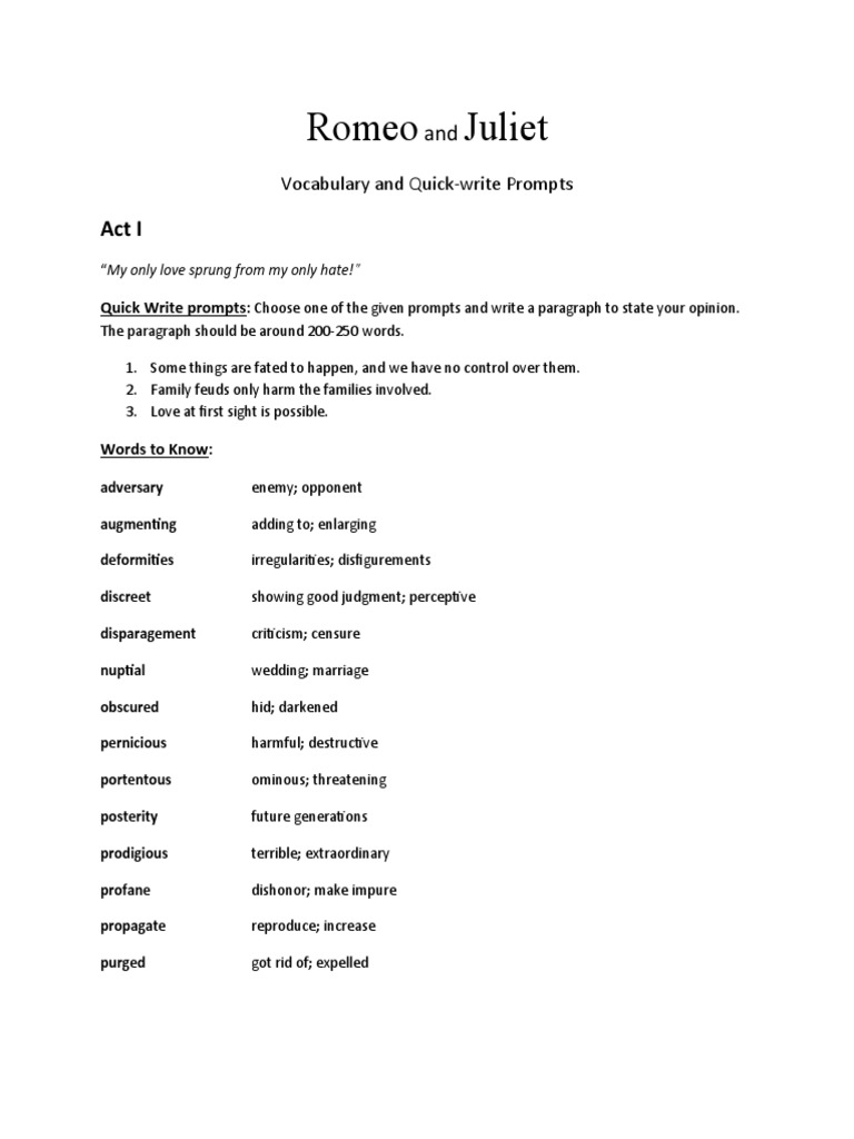 Romeo and Juliet Study Guide Questions and Quick-Writie Prompts | PDF ...