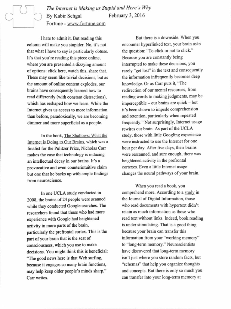 The Internet Is Making Us Stupid and Here's Why - Article | PDF