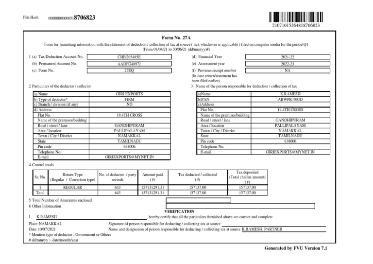 Tax Deduction Statement Q1 2021-22 | PDF | Personal Identification ...