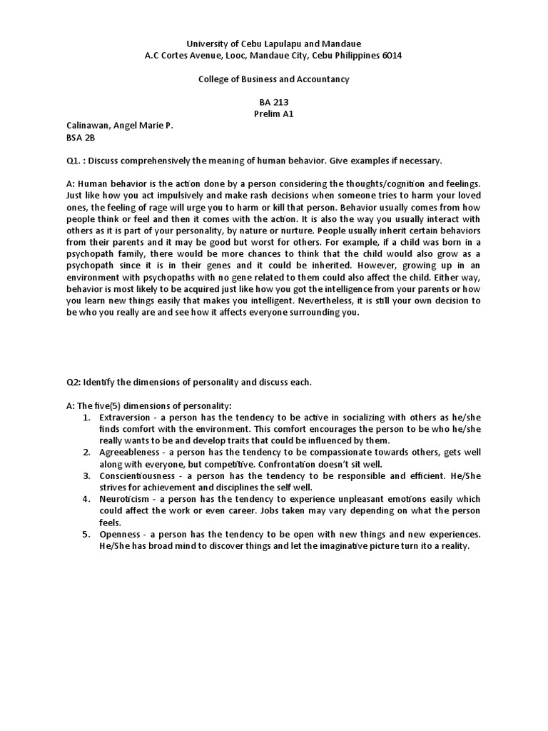 BA 213 Prelim A1 | PDF | Psychopathy | Human Development