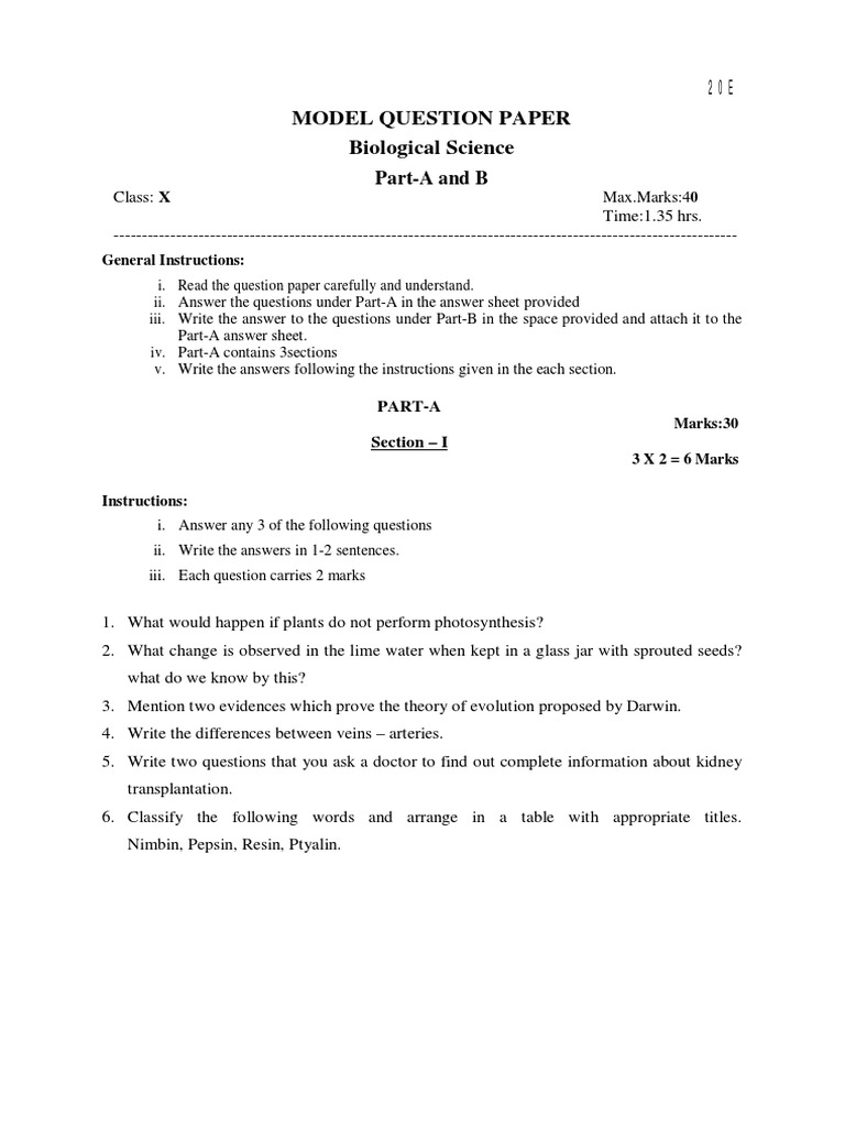 20E Model Question Paper Biological Science Part-A and B: Time:1.35 Hrs ...