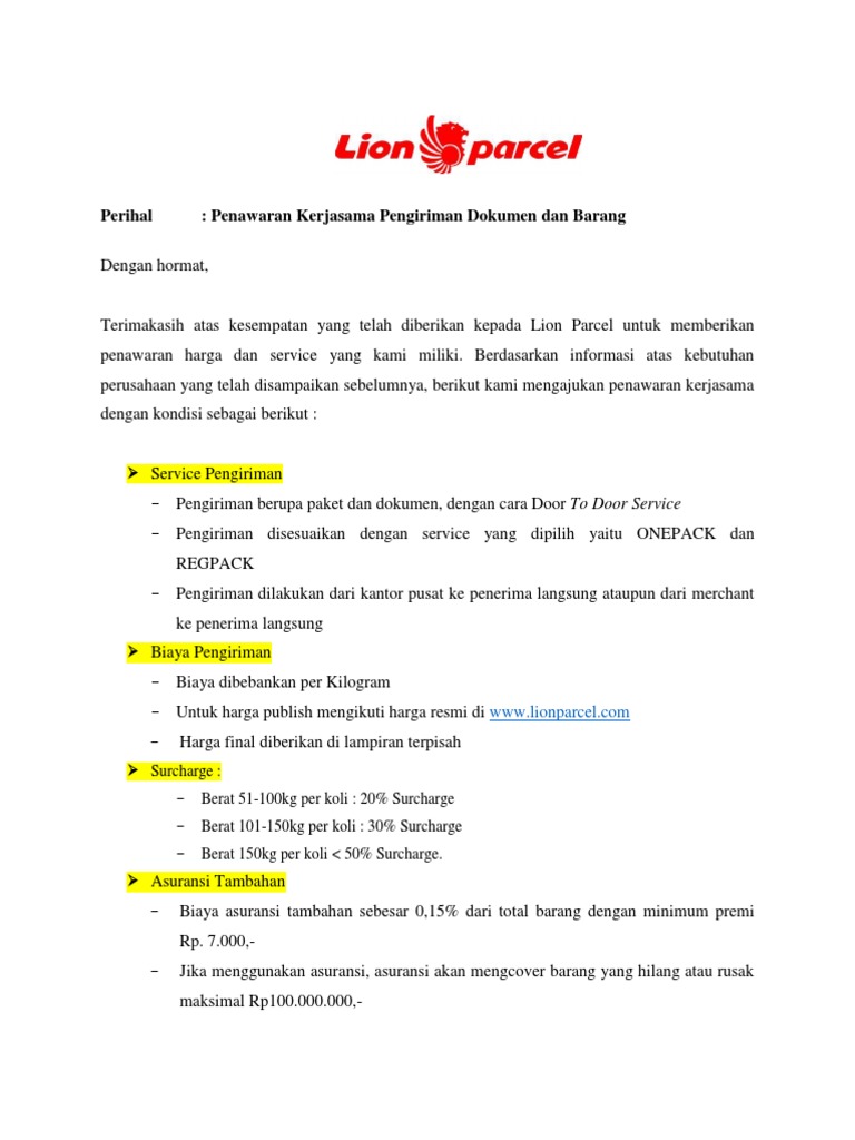 Penawaran Kerjasama Lion Parcel | PDF