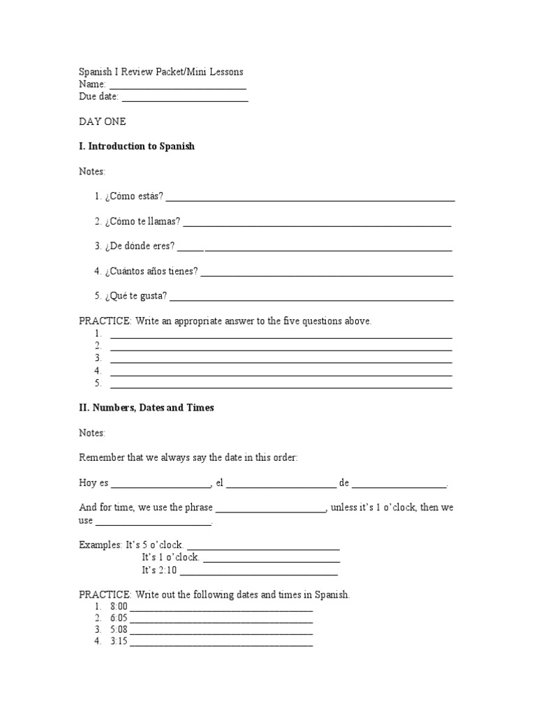 Spanish I Final Review Packet | PDF | Grammatical Gender | Syntactic ...