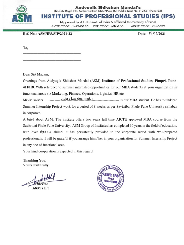 PDF SIP Letter Rutu Deshmukh | PDF