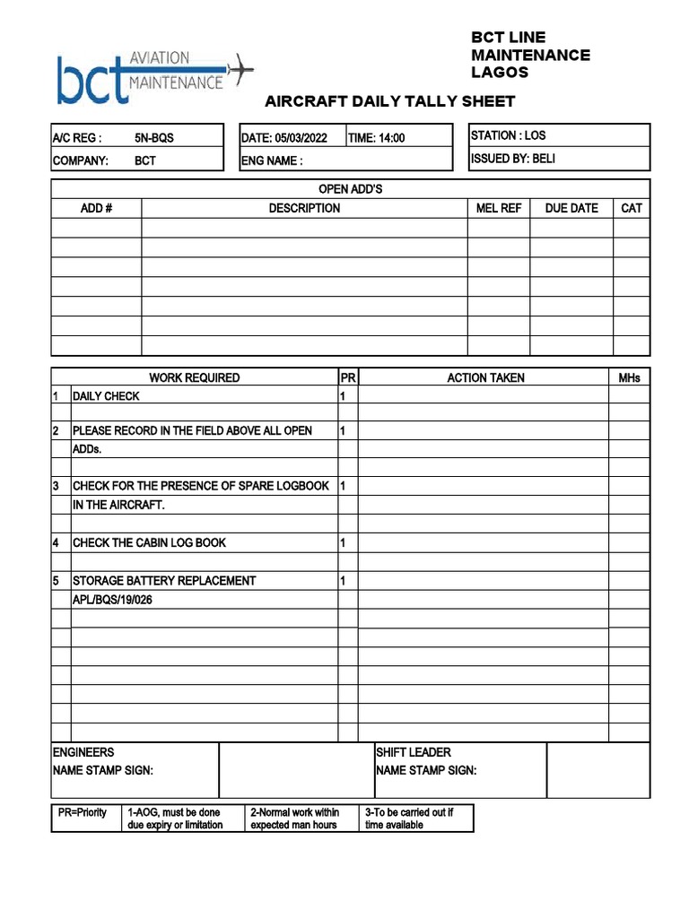 Daily Aircraft Maintenance Tally Sheet | PDF | Aviation | Aircraft