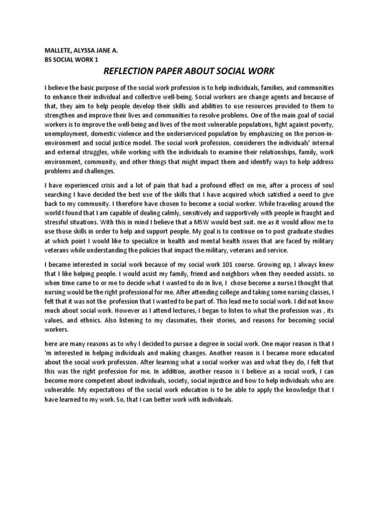 Reflection Paper About Social Work | PDF | Social Work | Psychology