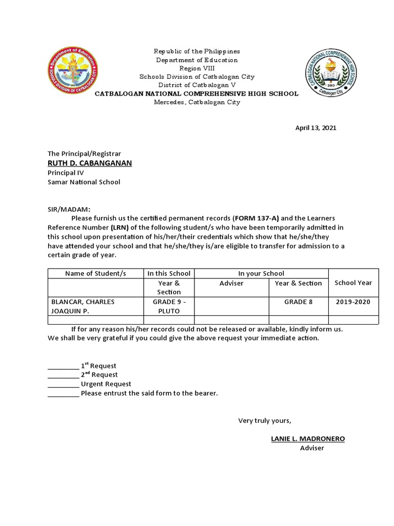 Form 137-A Request | Download Free PDF | Social Institutions | Social ...