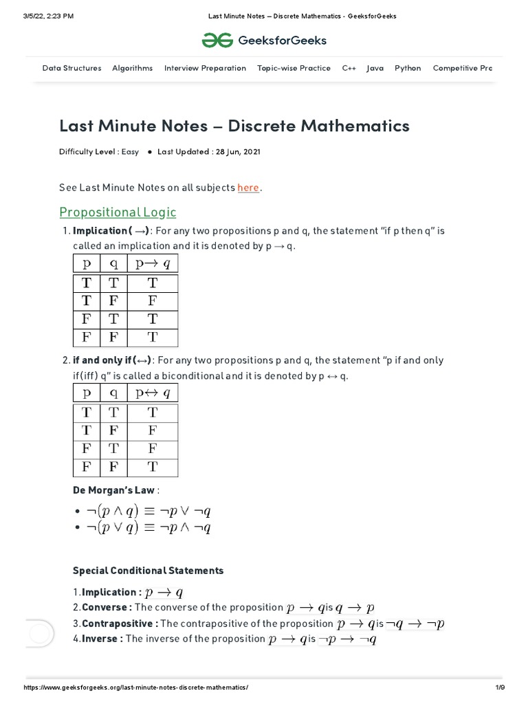 Last Minute Notes - Discrete Mathematics: Propositional Logic | PDF ...