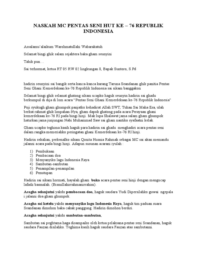 Naskah MC Pentas Seni HUT RI ke-76 | PDF | Seni | Puisi