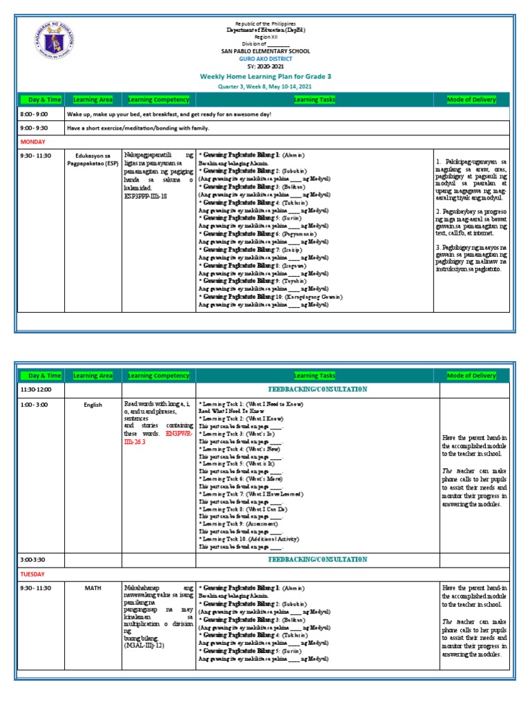Grade 3 - All Subjects - WHLP - Q3 - W8 | PDF