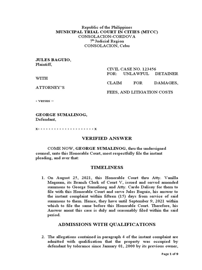 Unlawful Detainer Answer | PDF | Affidavit | Lawsuit