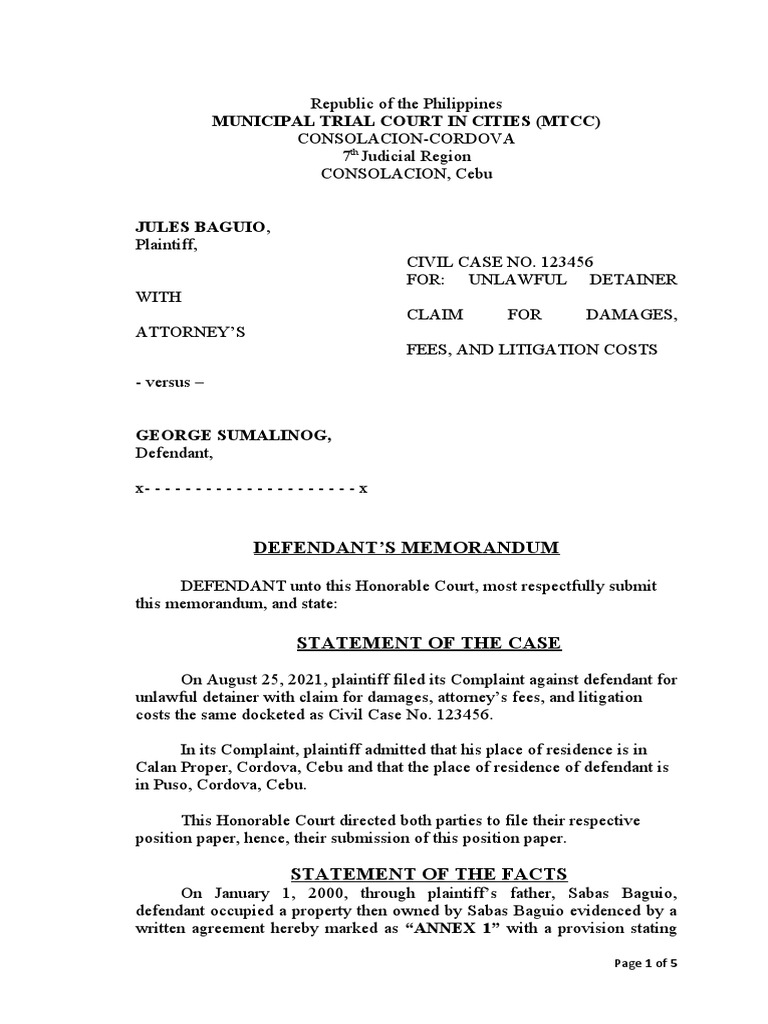 Position Paper of Defendant | Download Free PDF | Lawsuit | Complaint