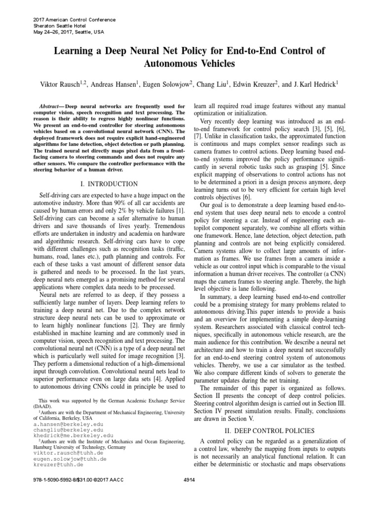 Learning A Deep Neural Net Policy For End-to-End Control of Autonomous ...
