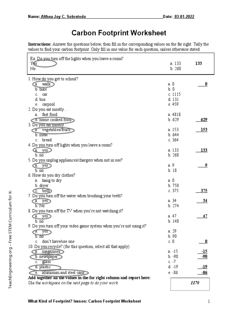 Carbon Footprint Worksheet Guide | PDF | Carbon Footprint | Low Carbon ...
