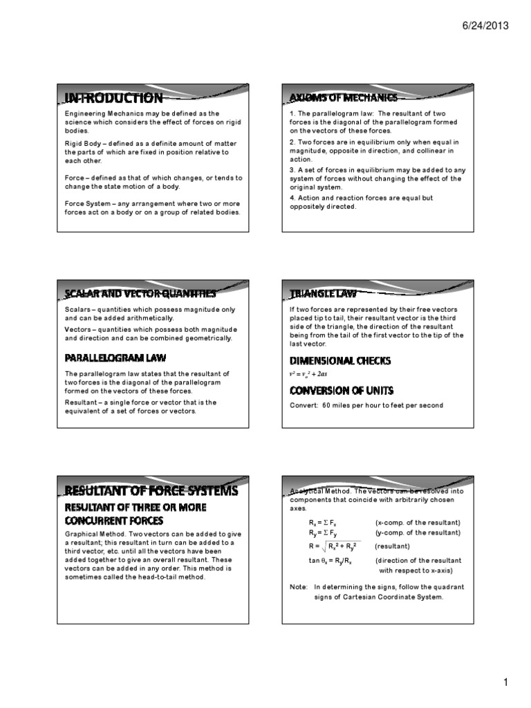 Lecture Statics - Part 1 - Resultant of Force Systems | PDF | Euclidean Vector | Force