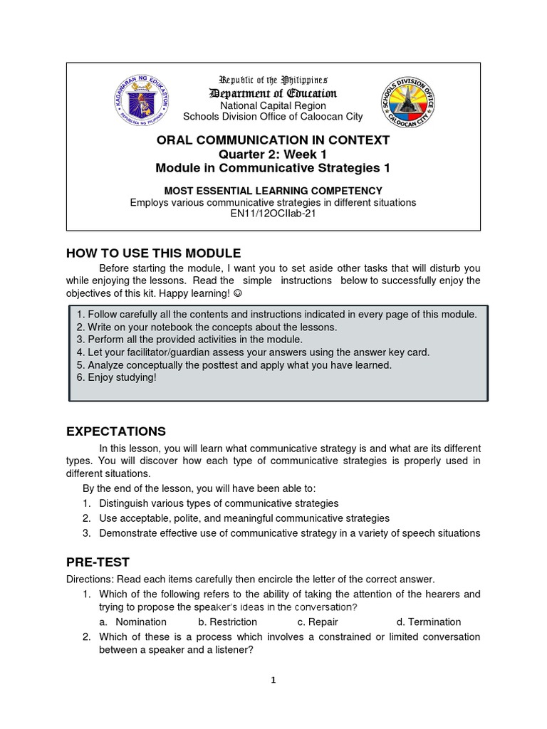 Oral Communication in Context Quarter 2: Week 1 Module in Communicative ...