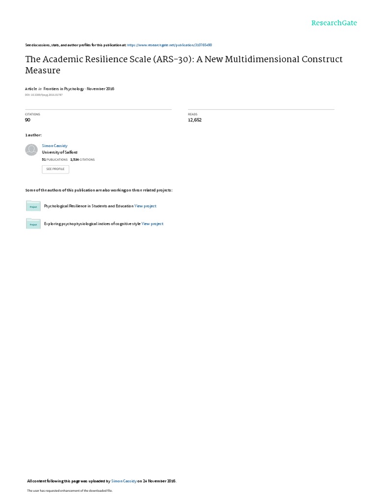 The Academic Resilience Scale (ARS-30) : A New Multidimensional Construct Measure | PDF ...