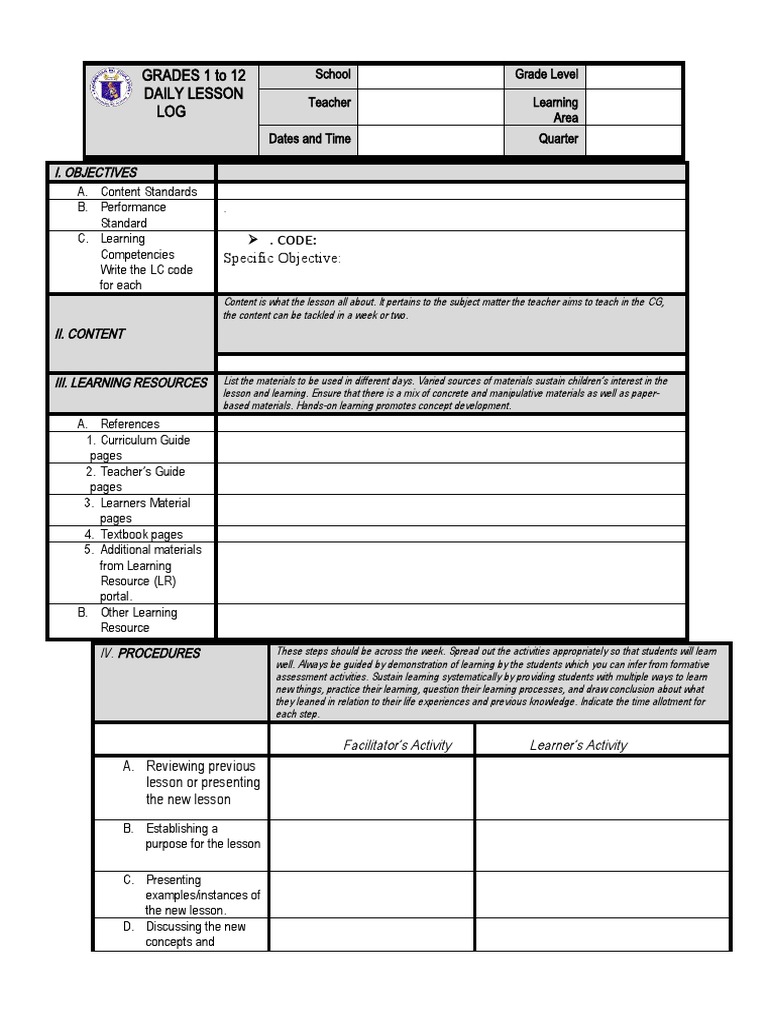 GRADES 1 To 12 Daily Lesson LOG: - CODE: Specific Objective | PDF ...