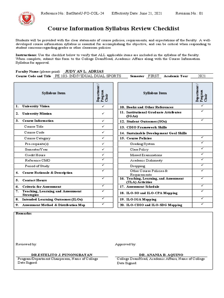 Course Syllabus Review Checklist | PDF | Teaching | Educational Psychology