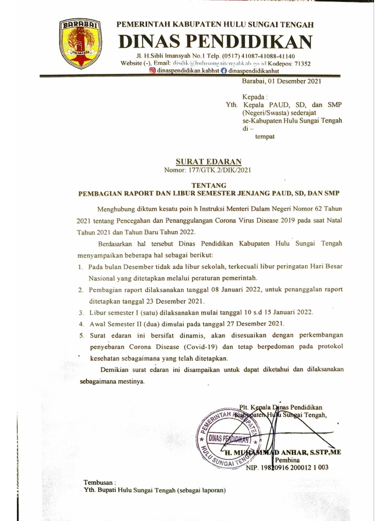 Surat Edaran Pembagian Raport Dan Libur Semester | PDF Surat Edaran Pembagian Raport Dan Libur Semester | PDF