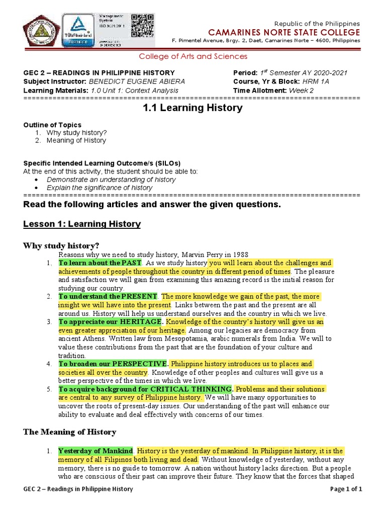 1.1 Learning History: Read The Following Articles and Answer The Given ...