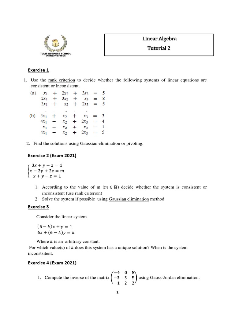 Exercise 1: Linear Algebra Tutorial 2 | PDF | System Of Linear ...