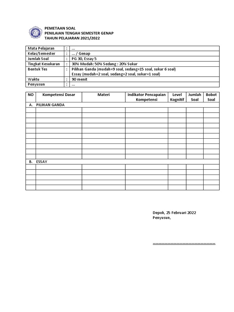 Format Pemetaan Soal PTS | PDF