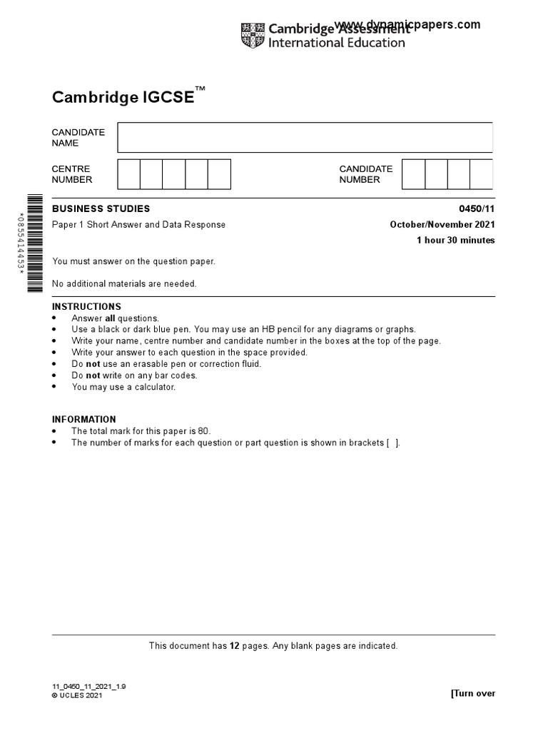 Cambridge IGCSE: 0450/11 Business Studies | PDF | Revenue | Income ...
