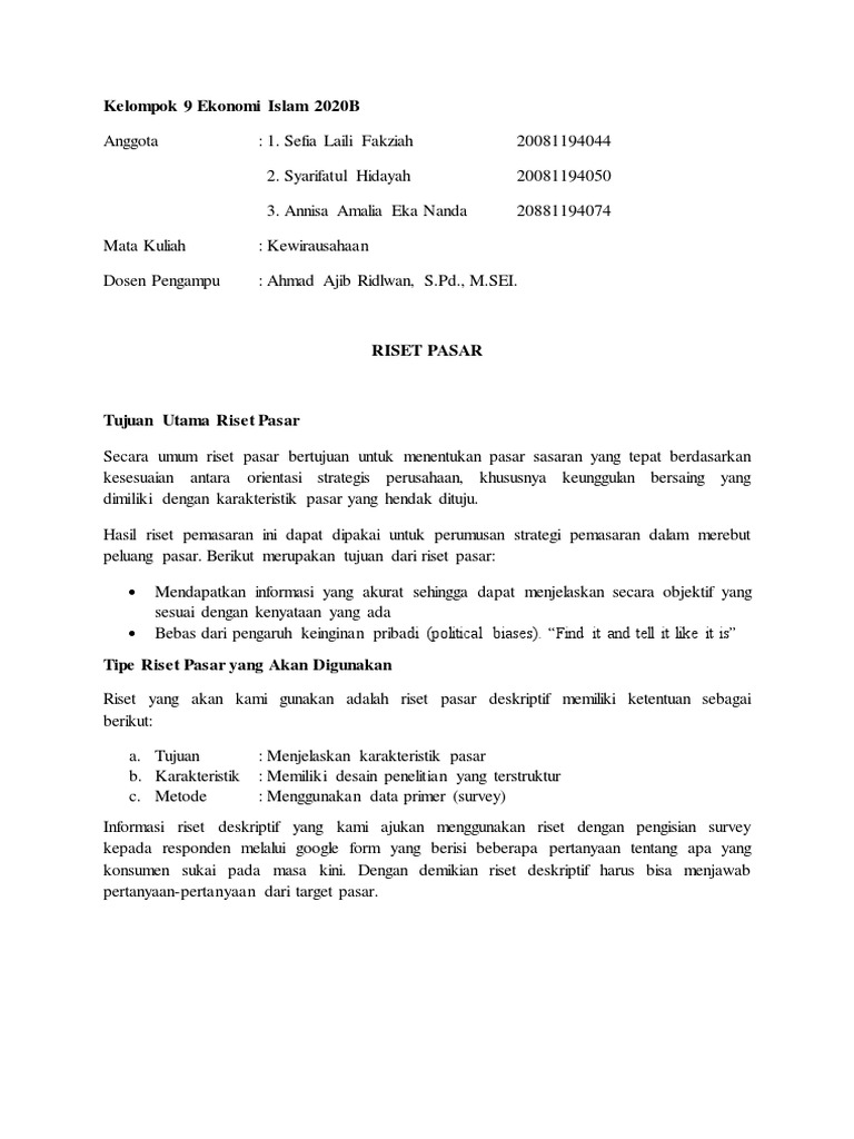 Kelompok 9 - Tugas Riset Pasar | PDF | Bisnis