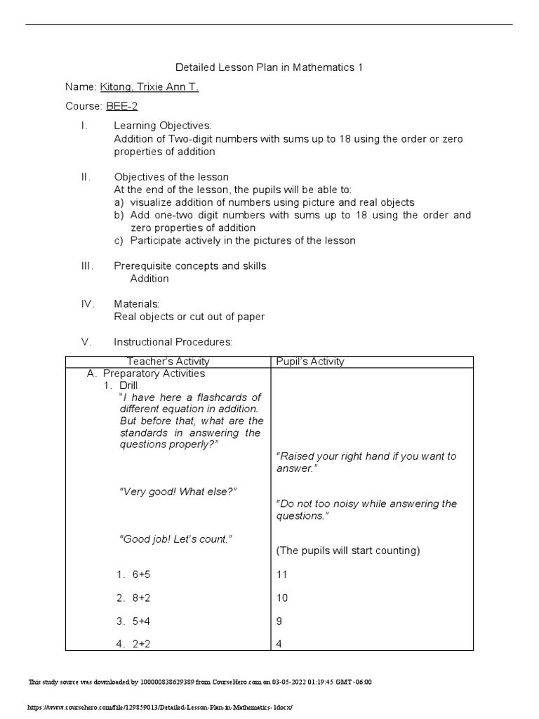 Detailed Lesson Plan in Mathematics 1 | PDF | Lesson Plan | Education ...