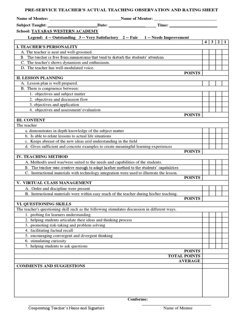 Pre-Service Teacher Observation Rating Sheet | PDF | Teachers | Mentorship