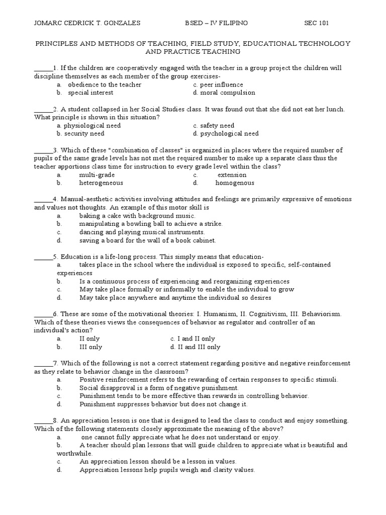 Teaching Principles and Methods Quiz | PDF | Teachers | Learning