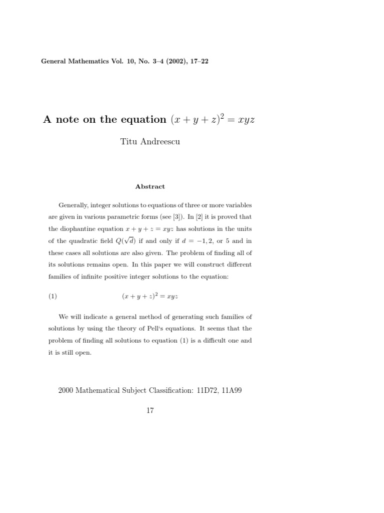 A Note On The Equation (X + y + Z) Xyz: Titu Andreescu | PDF ...