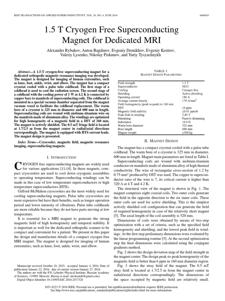 1.5 T Cryogen Free Superconducting Magnet For Dedicated MRI | Download ...