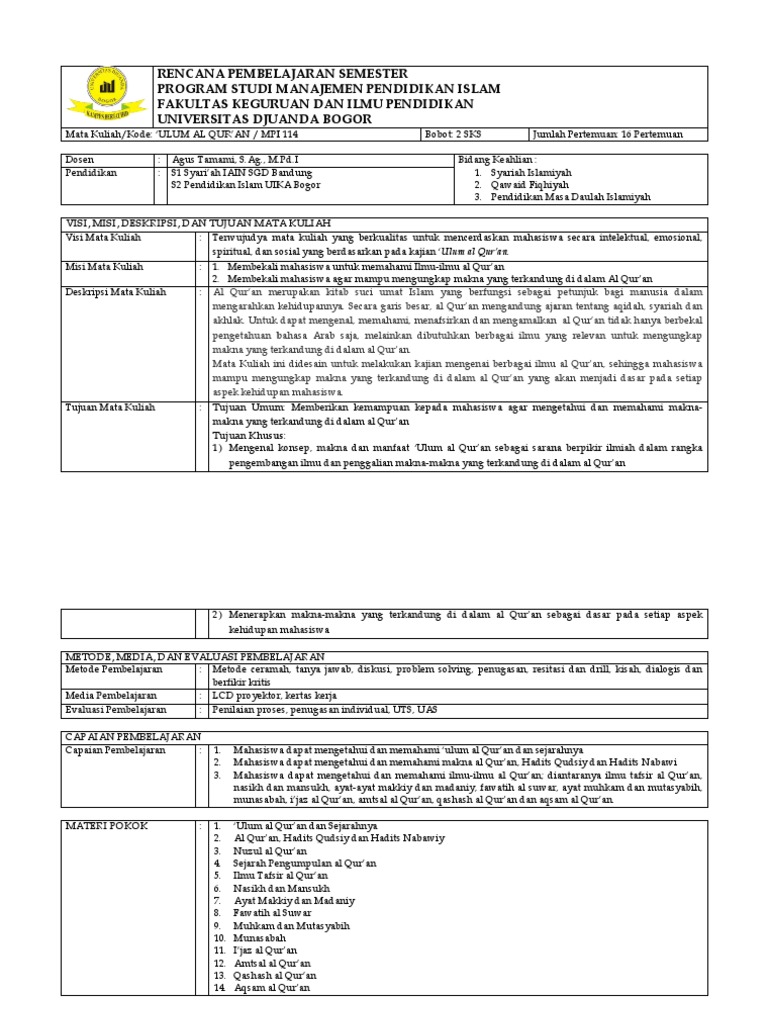 RPS - Ulum Al Qur - An (Agus Tamami, S.Ag., M.Pd.I) | PDF