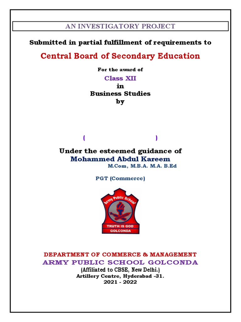 Business Studies Project Cover Page (2021-22) | PDF | Educational ...