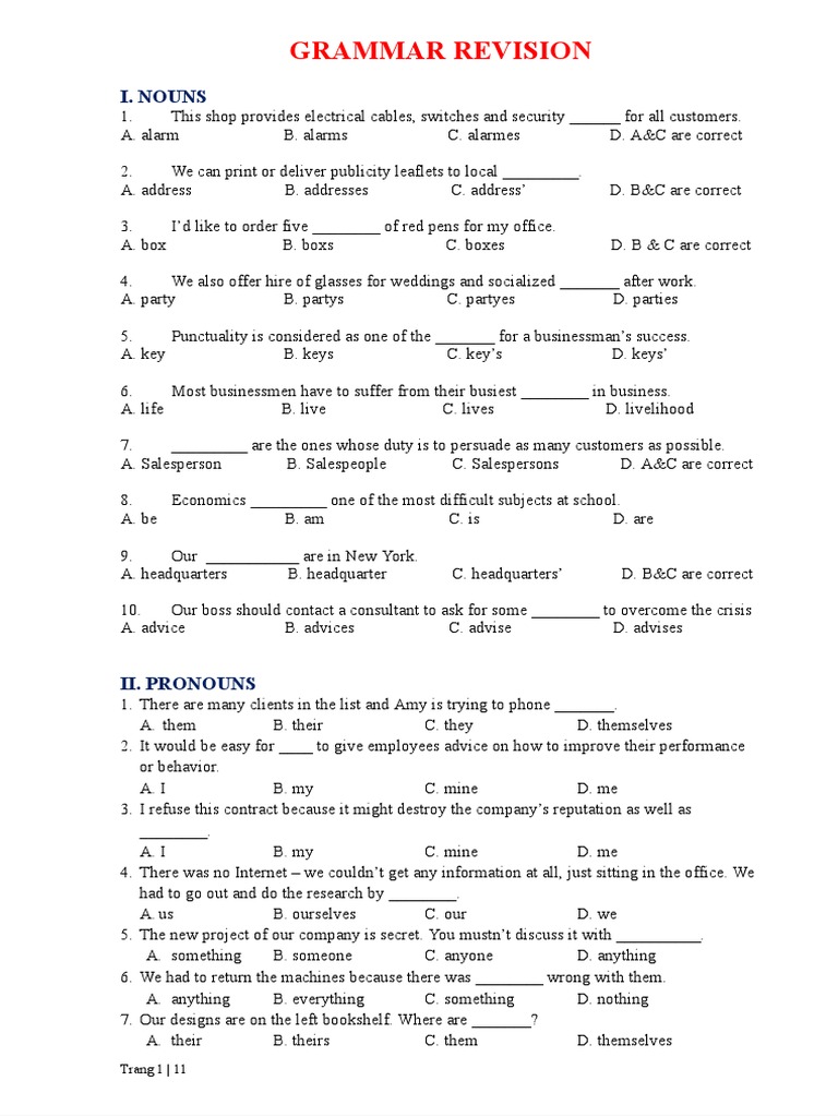 Grammar Revision: Nouns, Pronouns, Prepositions | PDF | Linguistic ...