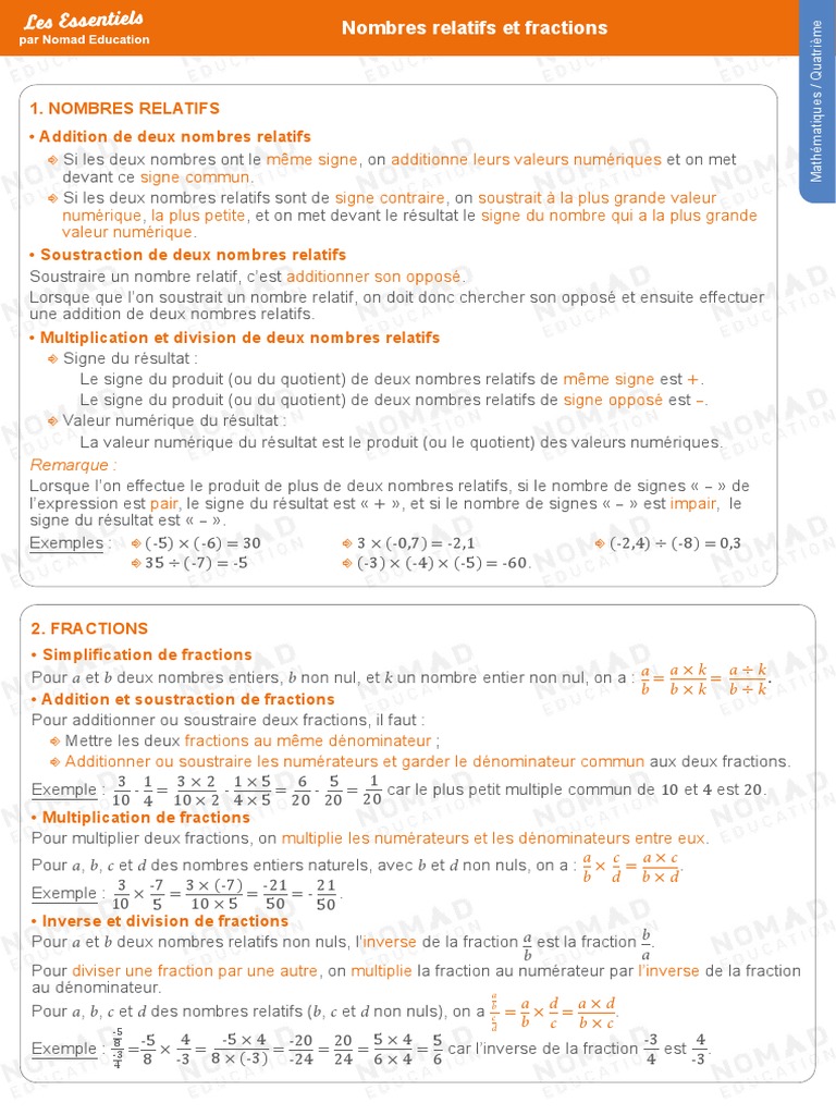 Opérations sur Nombres Relatifs et Fractions | PDF | Nombre ...