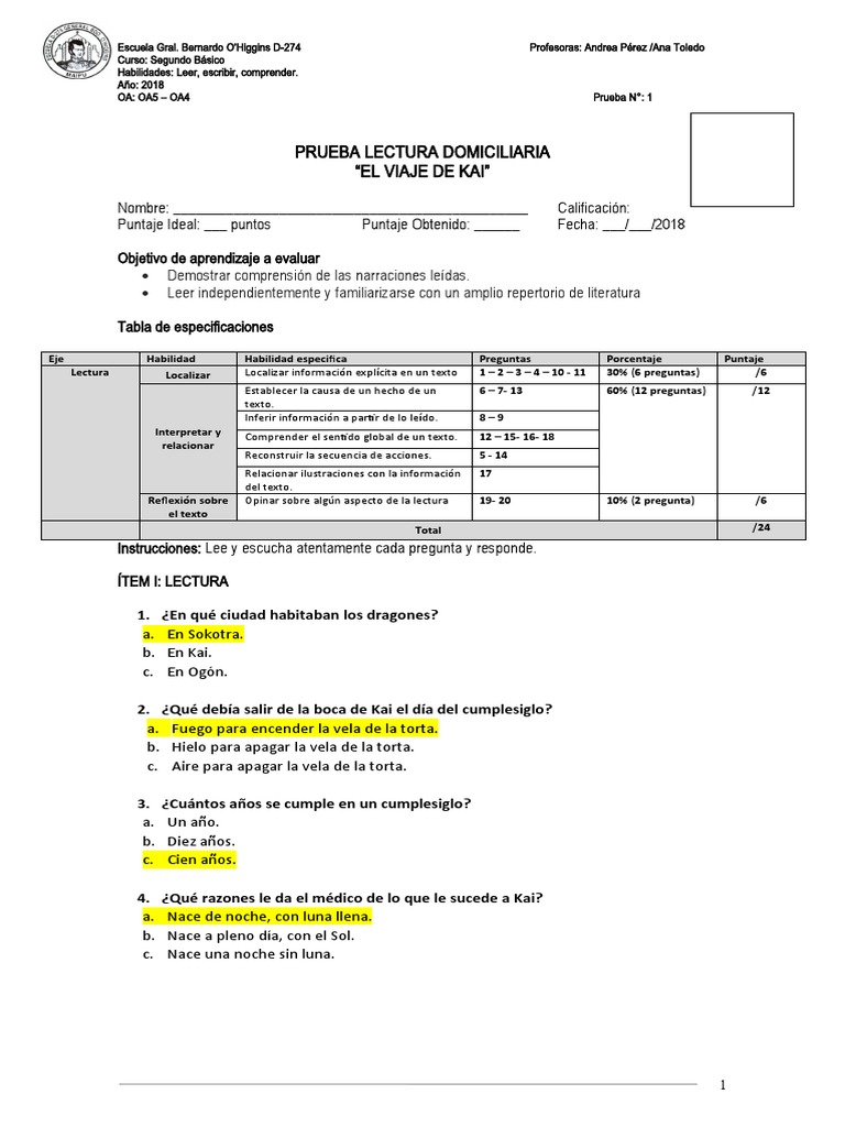 Prueba de Comprensión: El Viaje de Kai | PDF