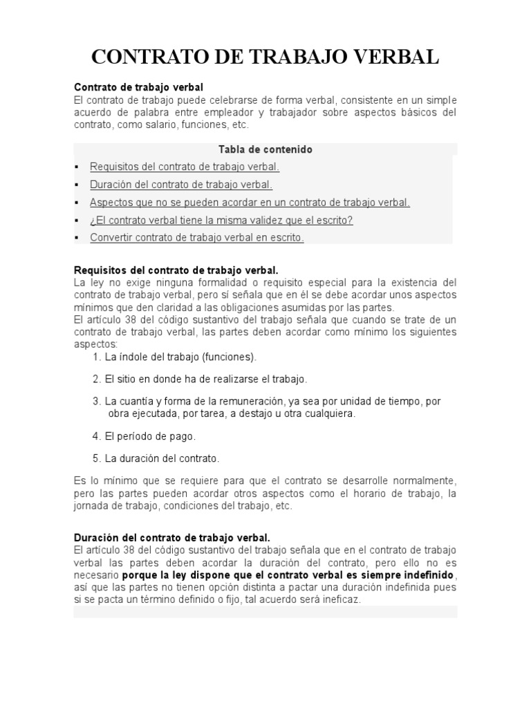 Contrato de Trabajo Verbal | PDF | Derecho laboral | Salario