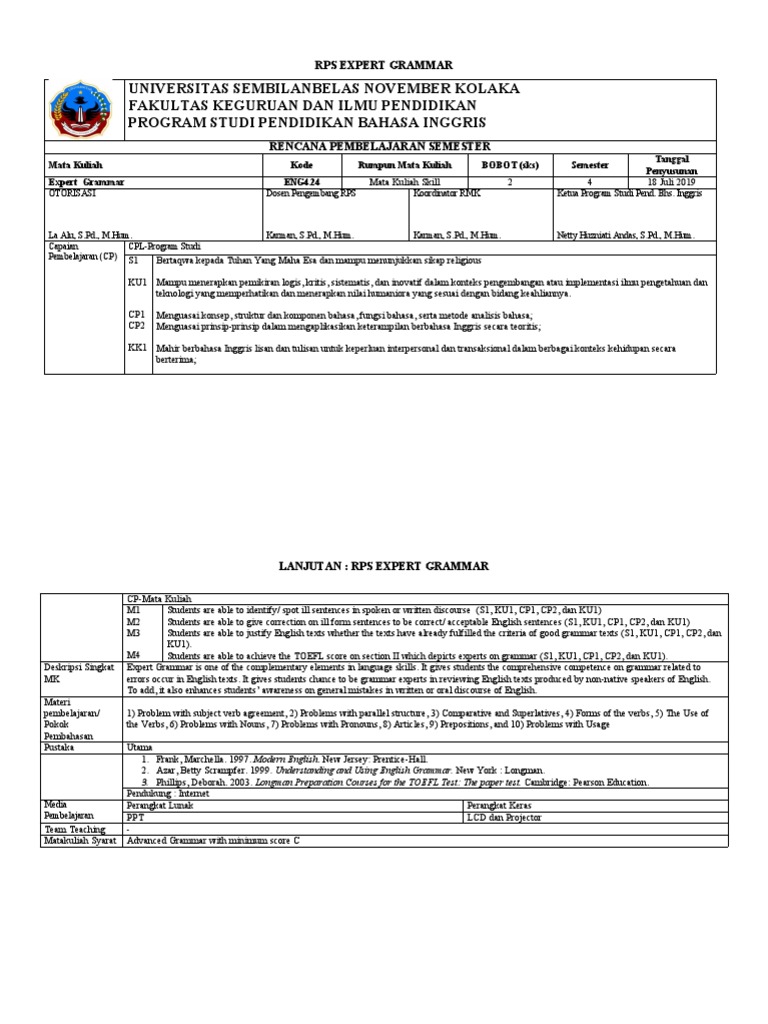RPS Expert Grammar: Target Mahasiswa | PDF