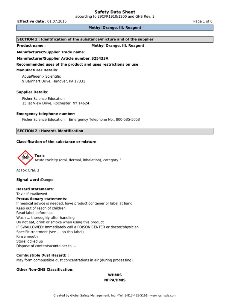 Msds Methyl Orange | PDF | Toxicity | Hazardous Waste