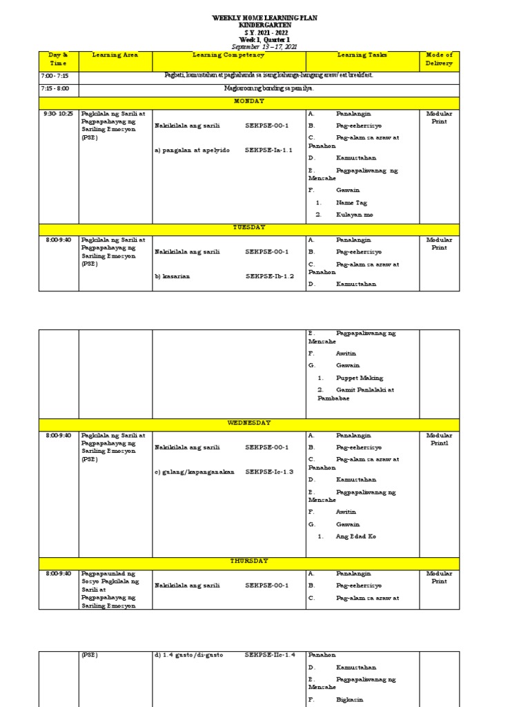 Weekly Home Learning Plan Week 1 To 10 (Quarter 1) | PDF