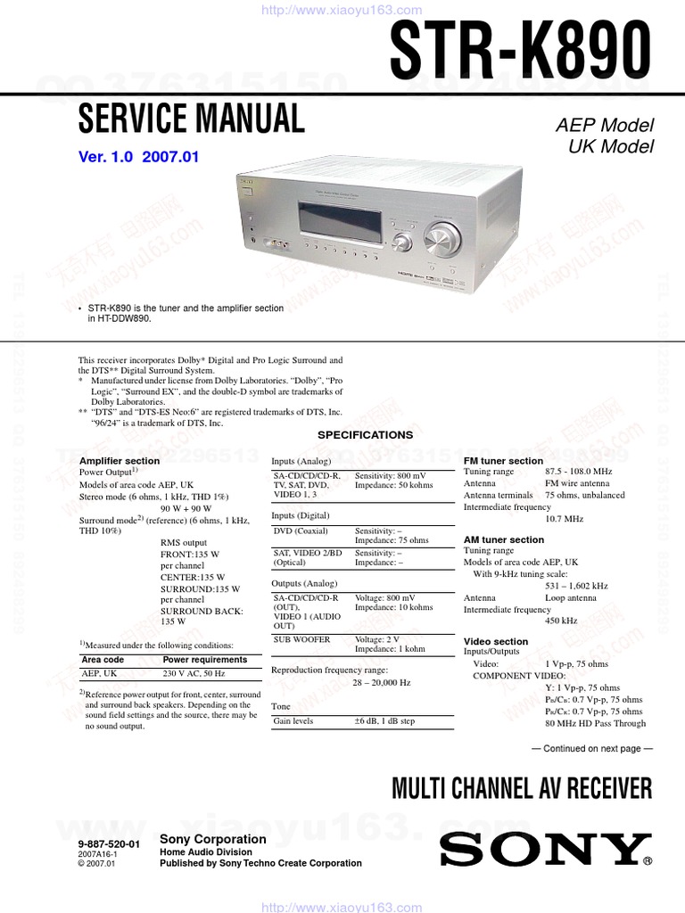 Sony STR-K890 Service Manual | PDF | Electronics | Telecommunications ...