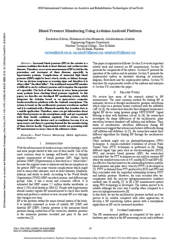 Blood Pressure Monitoring Using Arduino-Android Platform | PDF