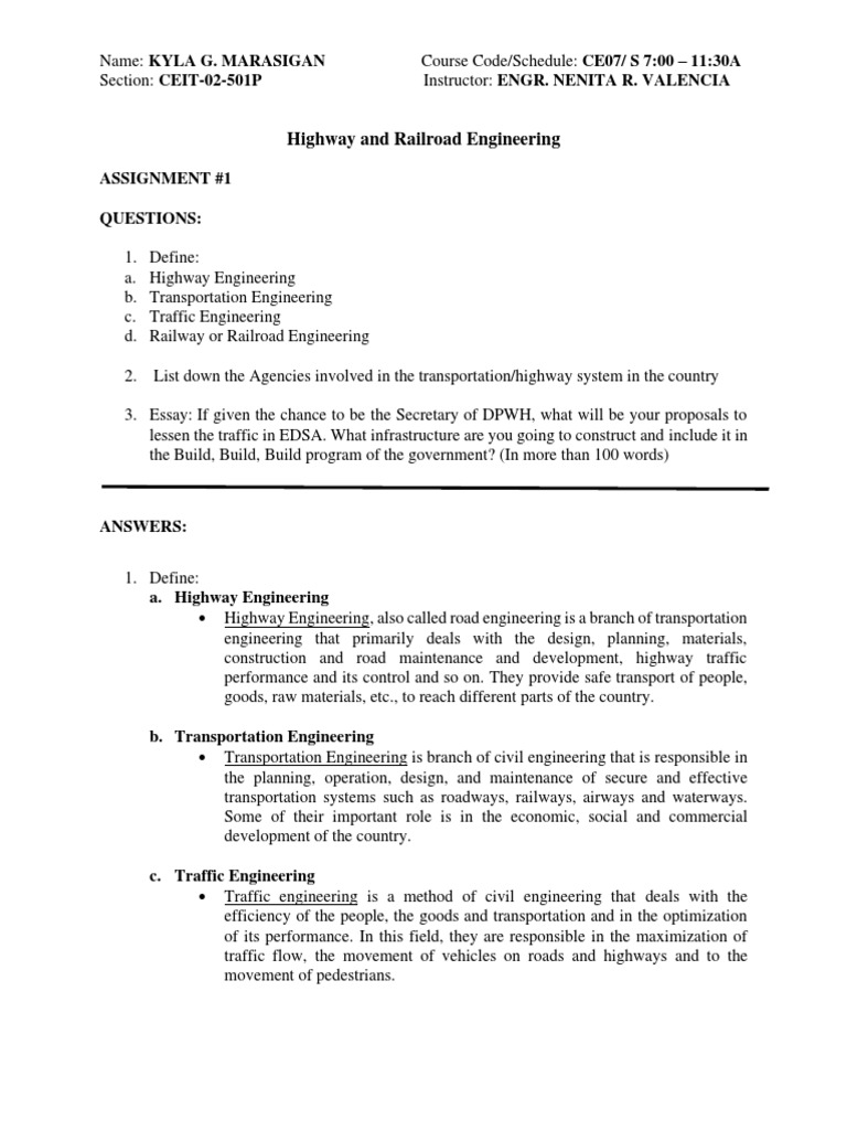 Highway and Railroad Engineering: Assignment #1 Questions | PDF ...