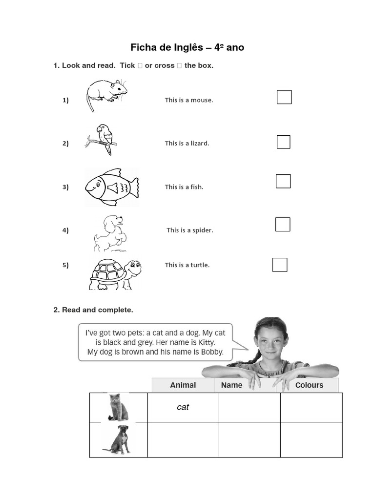 Ficha de Inglês - 4º Ano: 1. Look and Read. Tick or Cross The Box | PDF ...