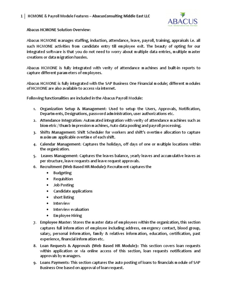 Abacus HCMONE Payroll Module Features | PDF | Business | Payroll