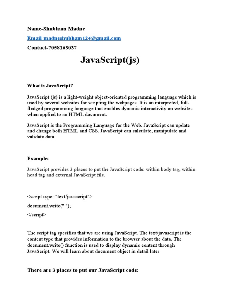 Javascript (JS) : Name-Shubham Madne Contact-7058163037 | PDF | Java ...