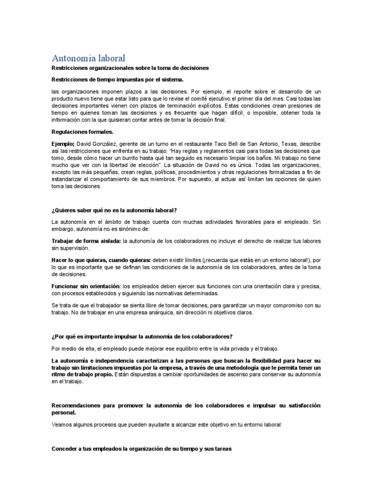 Autonomía Laboral: Clave del Éxito | PDF | Business | Toma de decisiones